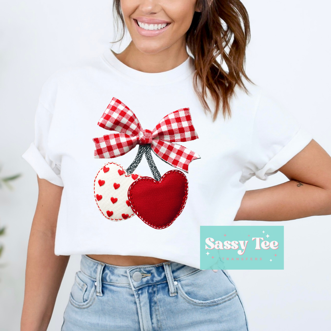 RED PLAID CHERRY HEART BOW FAUX PATCHWORK **Preorder/Restock Ships in ...