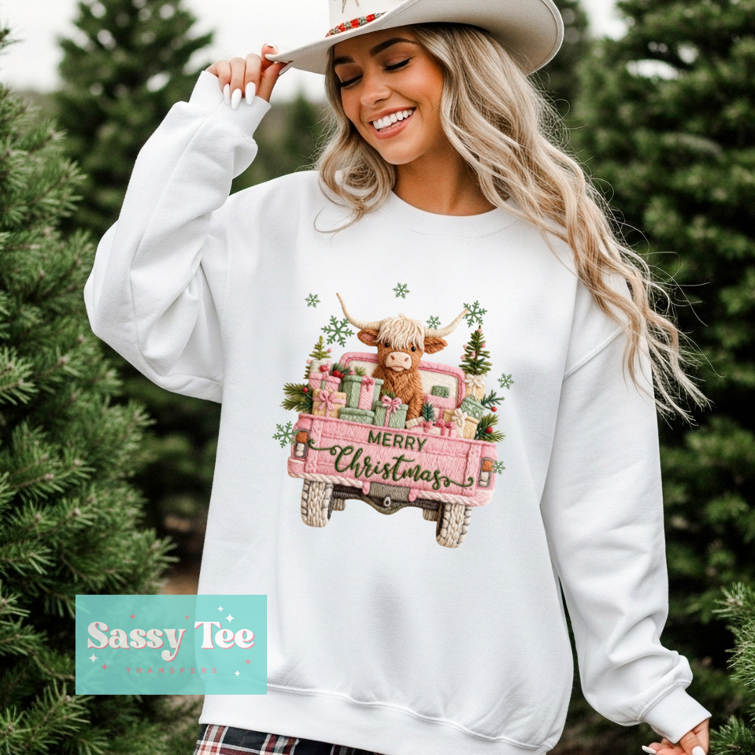 PINK TRUCK HIGHLAND COW MERRY CHRISTMAS FAUX YARN **Preorder/Restock S ...