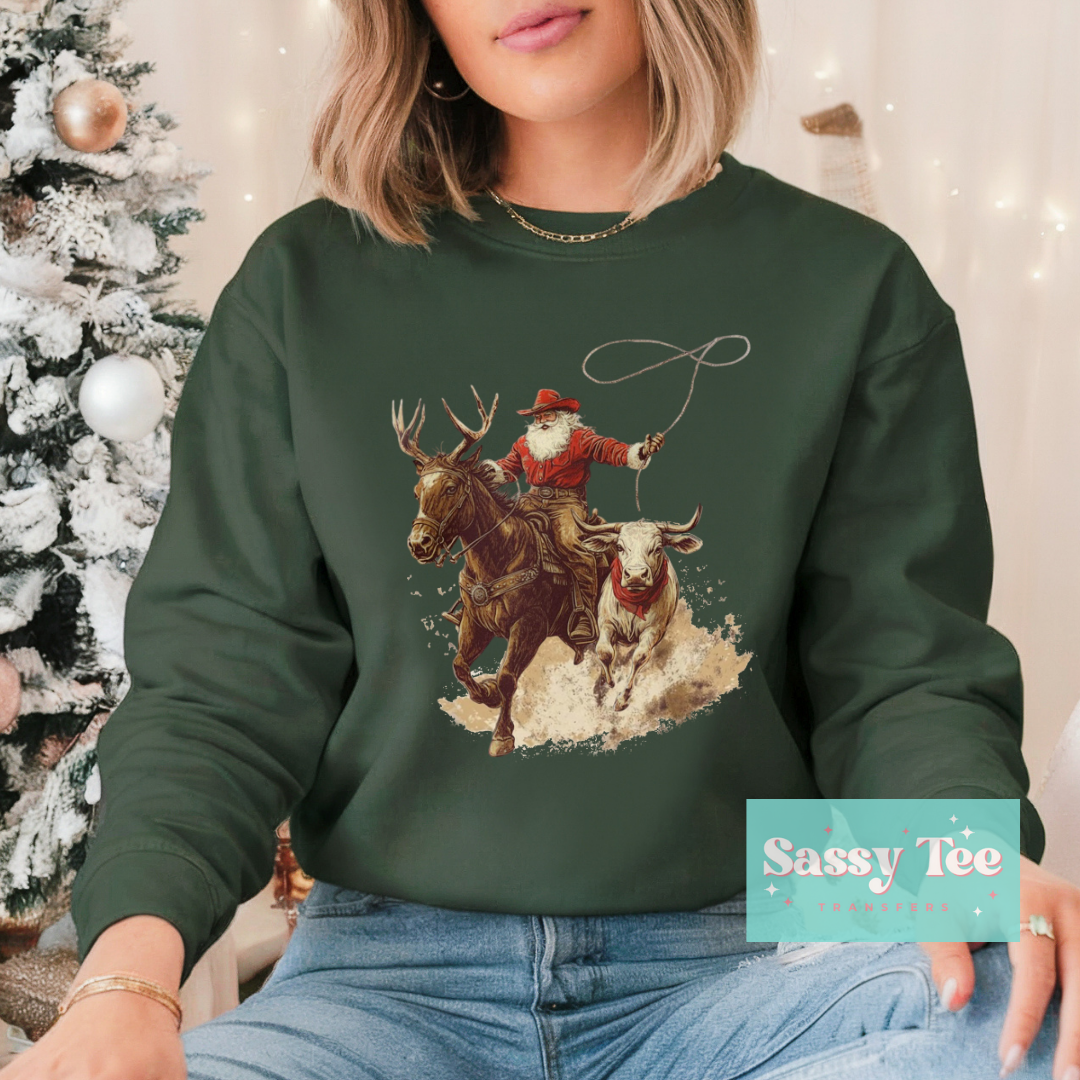 RODEO ROPING SANTA REINDEER – Sassy Tee Transfers